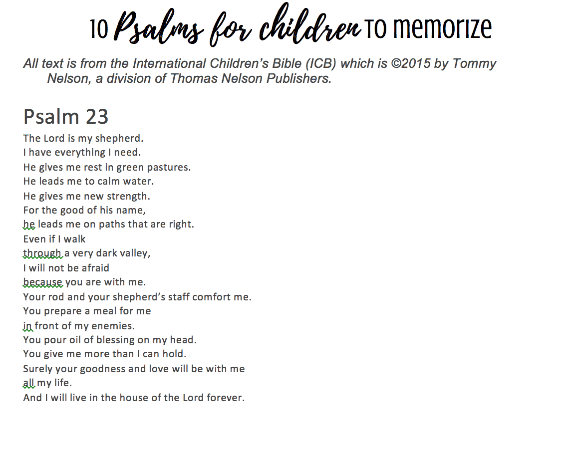 10 Psalms for Children to Memorize Printable | Feels Like Home™