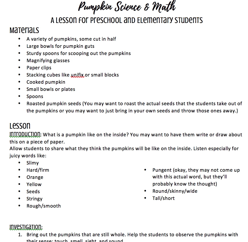 Pumpkin Science Lesson Plan For Preschool Kindergarten And Elementary 