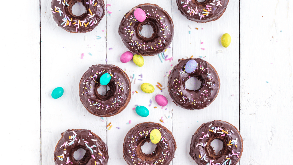 Baked Chocolate Frosted Candy-Filled Chocolate Donuts - Feels Like Home™