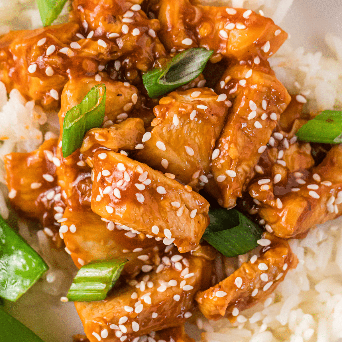 Healthy General Tso's Chicken with Sautéed Snow Peas